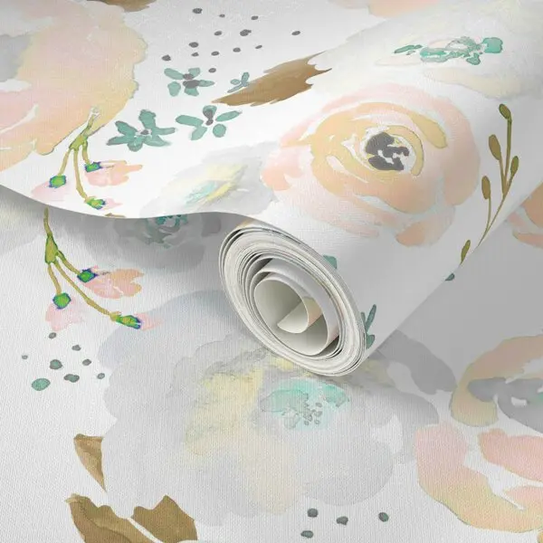 Spoonflower Bloom Grey Peach Florals Watercolor Baby Custom Pre-pasted Wallpaper - Gray,brown