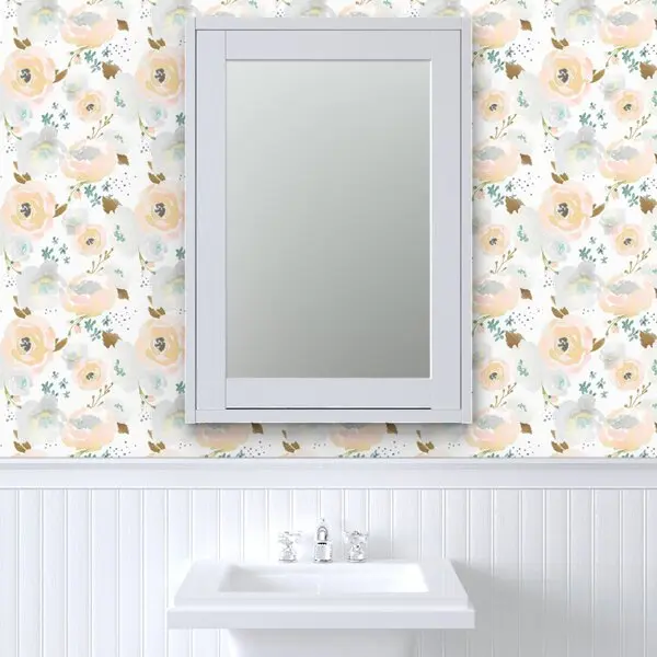 Spoonflower Bloom Grey Peach Florals Watercolor Baby Custom Pre-pasted Wallpaper - Gray,brown