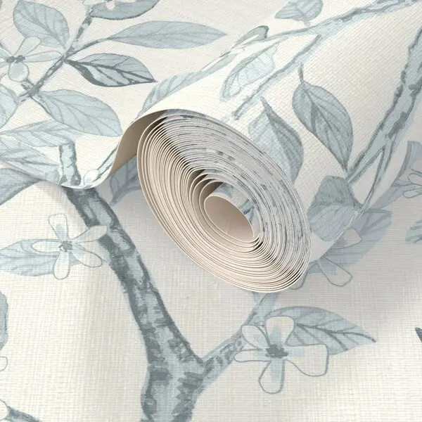 Spoonflower Soft On White Elsie's Garden 100% Natural Sisal Grasscloth Wallcovering - Blue