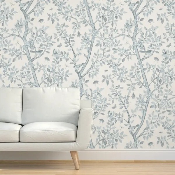 Spoonflower Soft On White Elsie's Garden 100% Natural Sisal Grasscloth Wallcovering - Blue