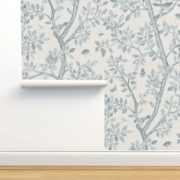 Spoonflower Soft On White Elsie's Garden 100% Natural Sisal Grasscloth Wallcovering - Blue
