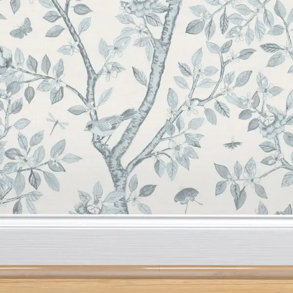 Spoonflower Soft On White Elsie's Garden 100% Natural Sisal Grasscloth Wallcovering - Blue