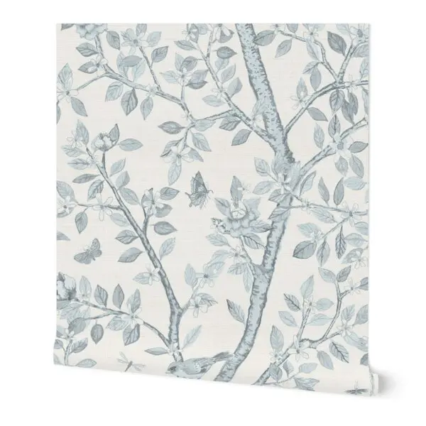 Spoonflower Soft On White Elsie's Garden 100% Natural Sisal Grasscloth Wallcovering - Blue