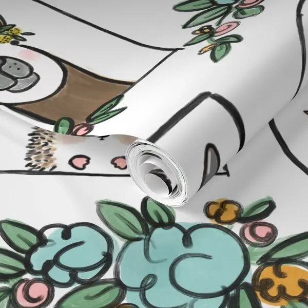 Spoonflower Rabbit Bunny Hedgehog Pig Cow Portraits Llama Custom Pre-pasted Wallpaper - Gray