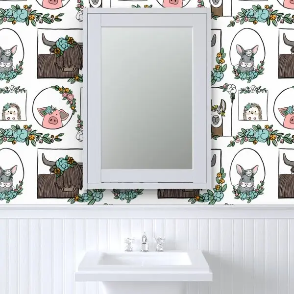 Spoonflower Rabbit Bunny Hedgehog Pig Cow Portraits Llama Custom Pre-pasted Wallpaper - Gray
