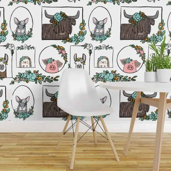 Spoonflower Rabbit Bunny Hedgehog Pig Cow Portraits Llama Custom Pre-pasted Wallpaper - Gray