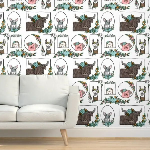 Spoonflower Rabbit Bunny Hedgehog Pig Cow Portraits Llama Custom Pre-pasted Wallpaper - Gray