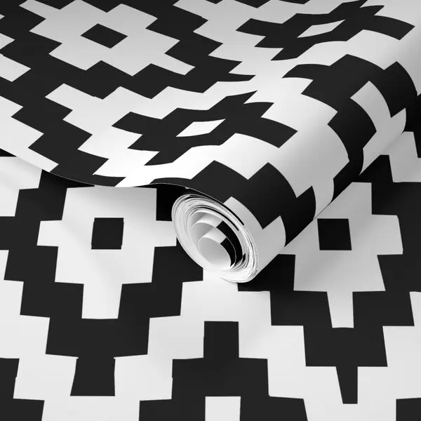 Spoonflower Geometric Tribal Black And White Kilim Inspired Custom Pre-pasted Wallpaper - Black,white,gray