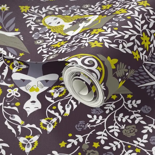 Spoonflower Midsummer Nights Dream Shakespeare Summer Solstice Custom Pre-pasted Wallpaper - Purple,gray,yellow