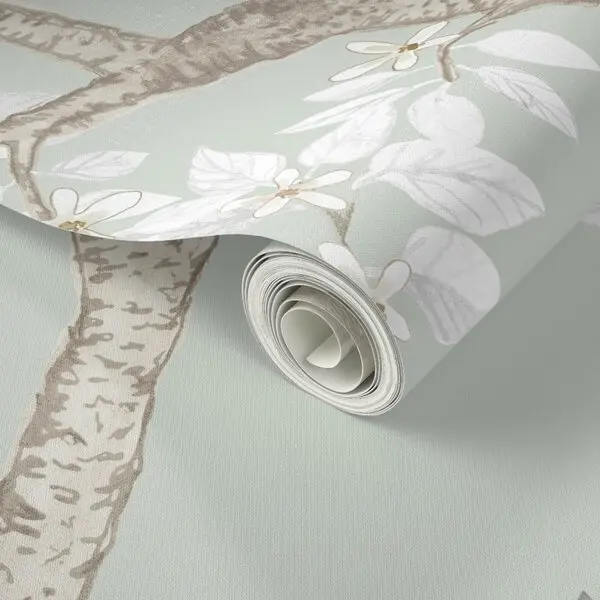 Spoonflower Leaves Grey Birds Trees Citrus Taupe Traditional Wallpaper - Gray