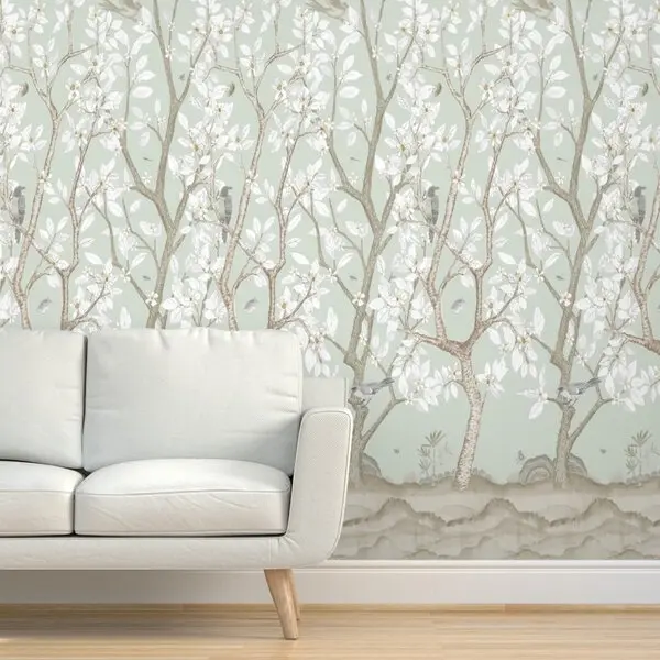 Spoonflower Leaves Grey Birds Trees Citrus Taupe Custom Pre-pasted Wallpaper - Gray