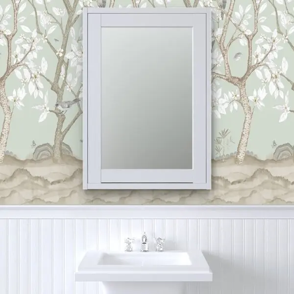 Spoonflower Leaves Grey Birds Trees Citrus Taupe Custom Pre-pasted Wallpaper - Gray
