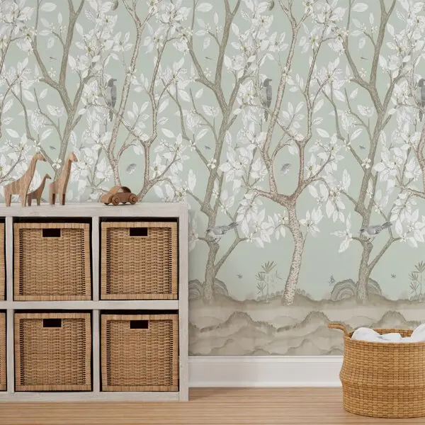 Spoonflower Leaves Grey Birds Trees Citrus Taupe Custom Pre-pasted Wallpaper - Gray