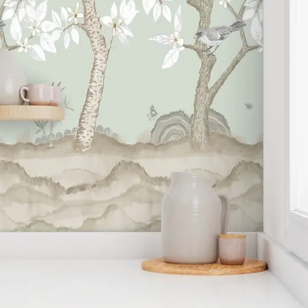 Spoonflower Leaves Grey Birds Trees Citrus Taupe Custom Pre-pasted Wallpaper - Gray