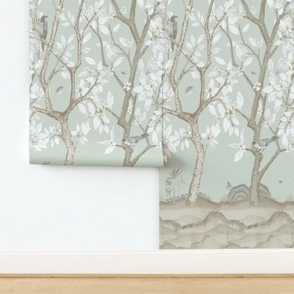 Spoonflower Leaves Grey Birds Trees Citrus Taupe Custom Pre-pasted Wallpaper - Gray