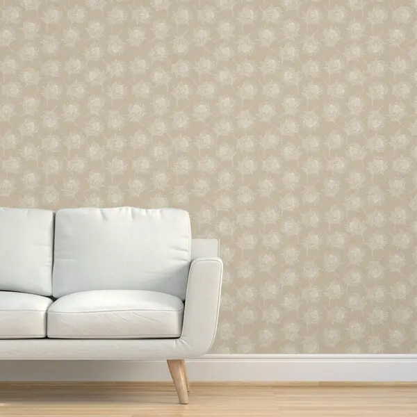 Spoonflower Small Protea 13 2 100% Natural Sisal Grasscloth Wallcovering - Tan,white