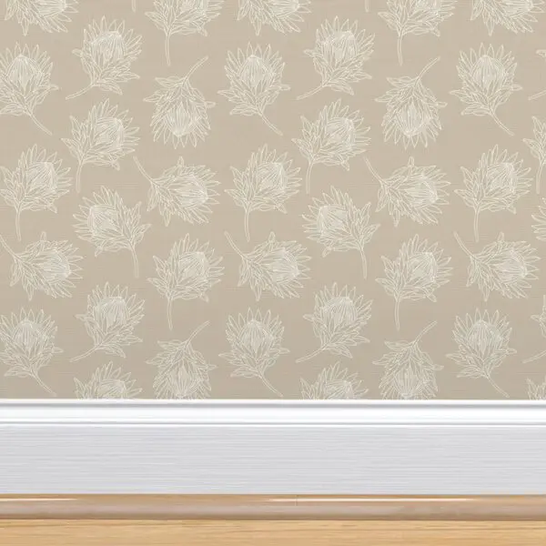 Spoonflower Small Protea 13 2 100% Natural Sisal Grasscloth Wallcovering - Tan,white
