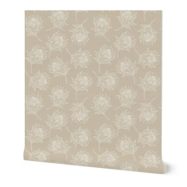 Spoonflower Small Protea 13 2 100% Natural Sisal Grasscloth Wallcovering - Tan,white