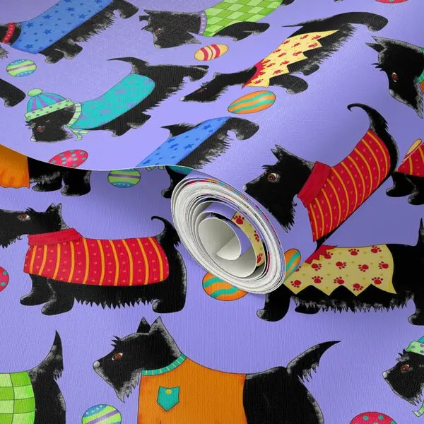 Spoonflower Whimsy Scotties Black Terriers Cute Scotty Dogs Traditional Wallpaper - Blue,yellow,red