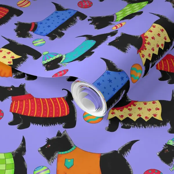 Spoonflower Whimsy Scotties Black Terriers Cute Scotty Dogs Custom Removable Wallpaper - Blue,yellow,red
