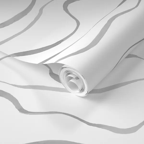 Spoonflower Black And White Grey Water Waves Custom Pre-pasted Wallpaper - White,gray