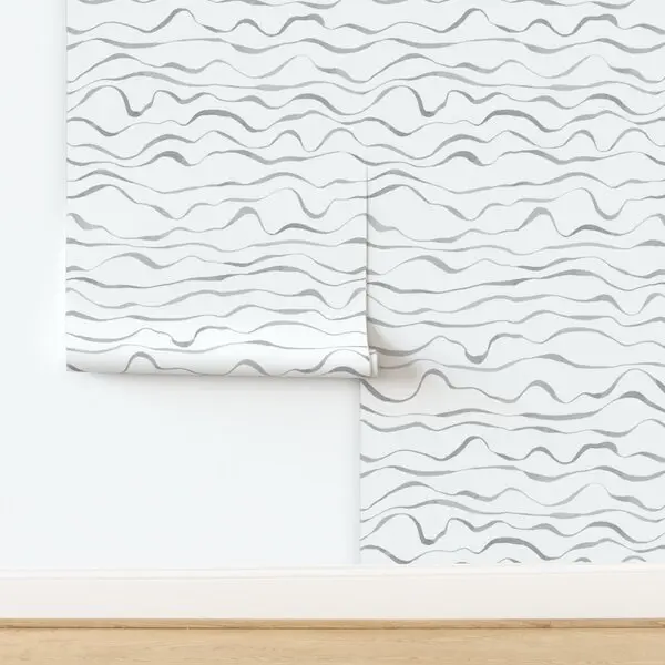 Spoonflower Black And White Grey Water Waves Custom Pre-pasted Wallpaper
