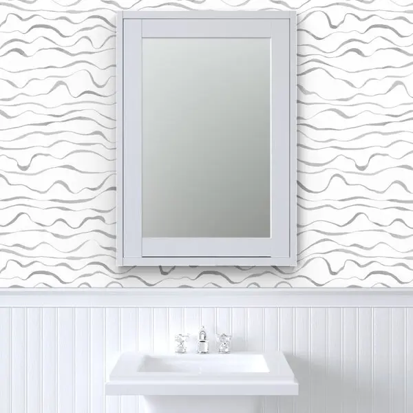 Spoonflower Black And White Grey Water Waves Custom Pre-pasted Wallpaper