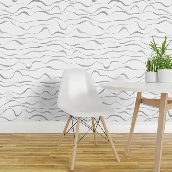 Spoonflower Black And White Grey Water Waves Custom Pre-pasted Wallpaper