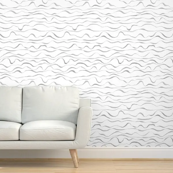 Spoonflower Black And White Grey Water Waves Custom Pre-pasted Wallpaper