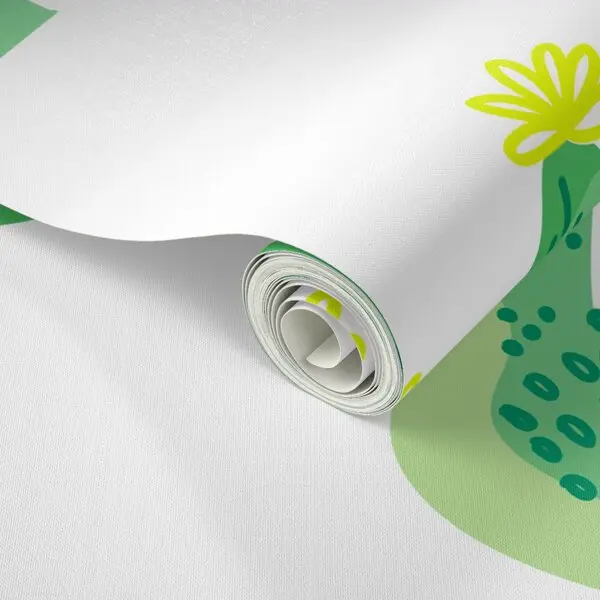 Spoonflower Boho Cactus Cacti Green Bright Colors Western Custom Pre-pasted Wallpaper - Mint,green,pink