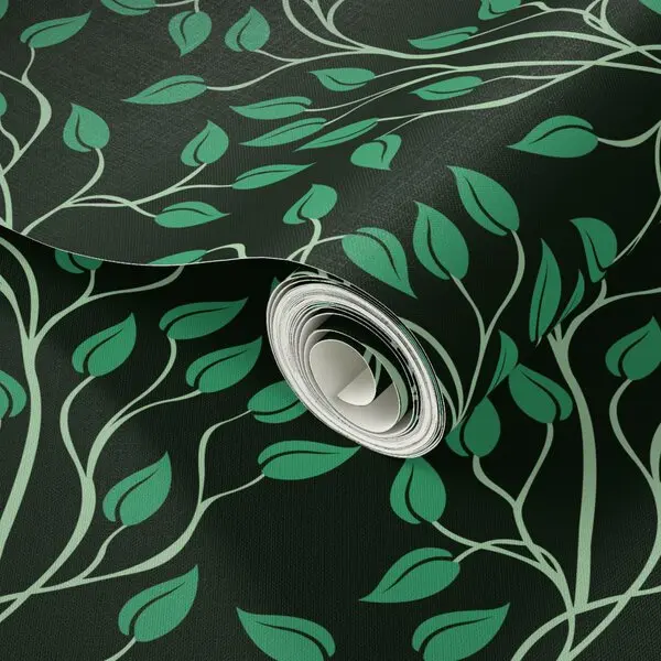 Spoonflower Green Leaves & Climbing Vines Custom Pre-pasted Wallpaper - Green,black