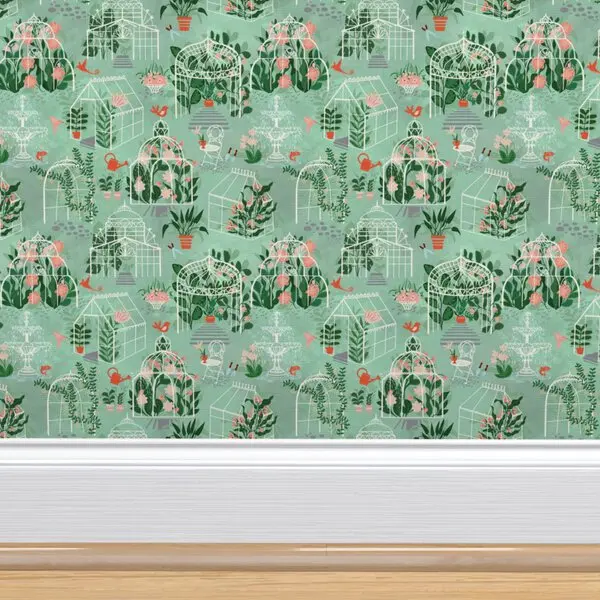 Spoonflower Victorian Greenery Jade 100% Natural Sisal Grasscloth Wallcovering