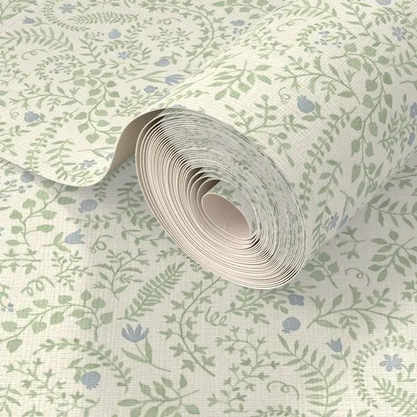 Spoonflower Veronica Quiet Blue Greens On Cream 100% Natural Sisal Grasscloth Wallcovering - Green