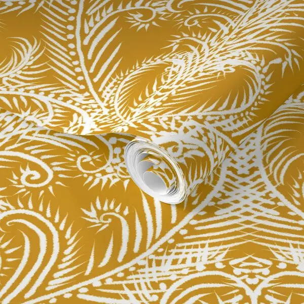 Spoonflower Gold Mustard Swirls Winter Christmas Elegant Traditional Wallpaper - Gold,yellow,beige