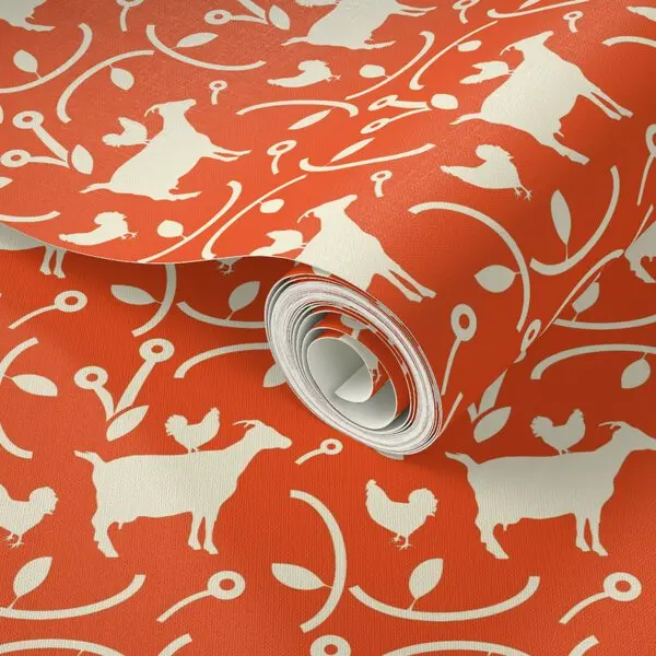 Spoonflower Barnyard Goats Hens Modern Flowers Farmhouse Style Custom Removable Wallpaper - Beige,orange,pink