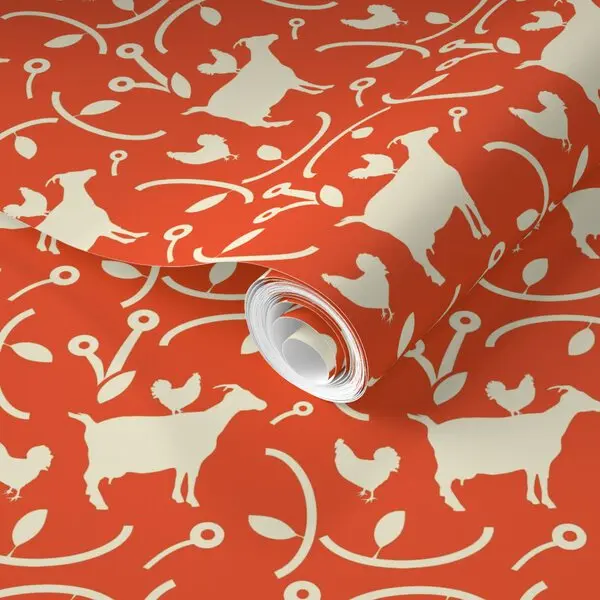 Spoonflower Barnyard Goats Hens Modern Flowers Farmhouse Style Custom Removable Wallpaper - Beige,orange,pink