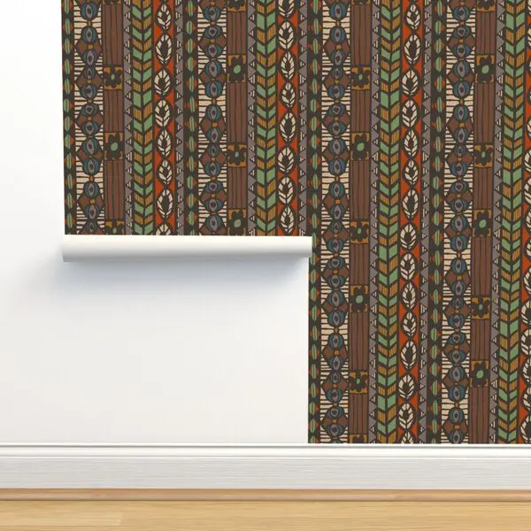 Spoonflower Aboriginal Graphics Brown And 100% Natural Sisal Grasscloth Wallcovering
