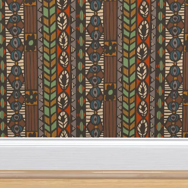 Spoonflower Aboriginal Graphics Brown And 100% Natural Sisal Grasscloth Wallcovering