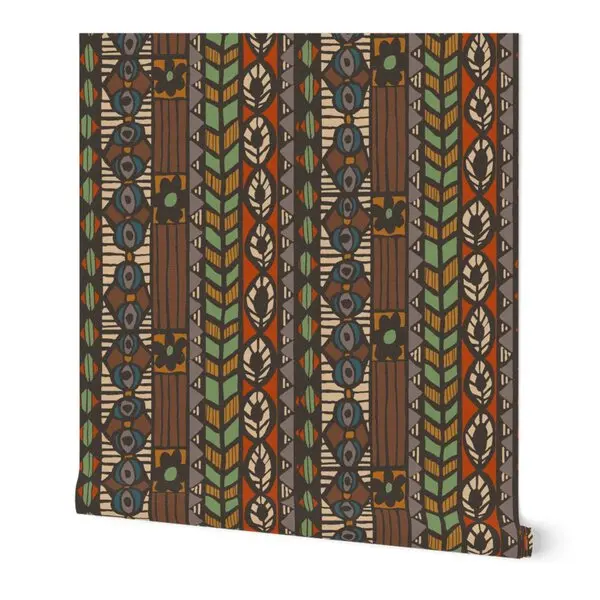 Spoonflower Aboriginal Graphics Brown And 100% Natural Sisal Grasscloth Wallcovering