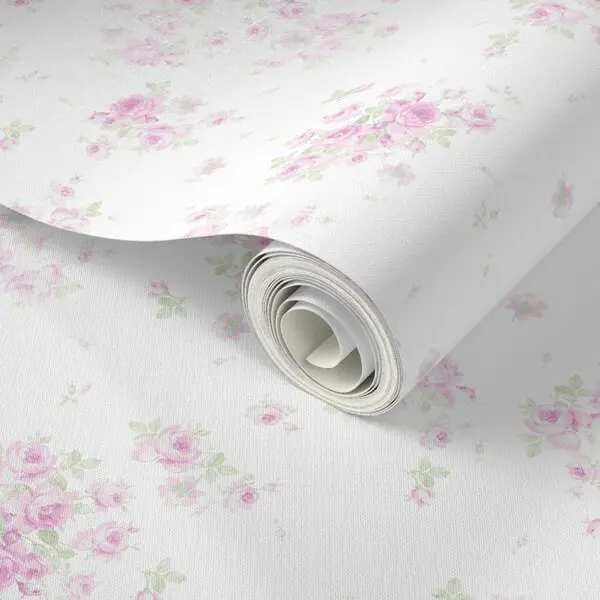 Spoonflower Floral Romantic Nursery Roses Swedish Wedding Custom Pre-pasted Wallpaper - White,pink,red