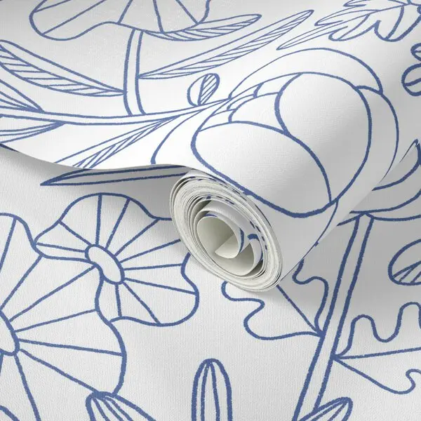 Spoonflower Hand Drawn Pattern Abstract Flowers Floral Garden Custom Pre-pasted Wallpaper - Blue,white,gray