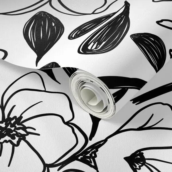 Spoonflower Black And White Indy Bloom Design Farm House Custom Removable Wallpaper - Black,white,gray