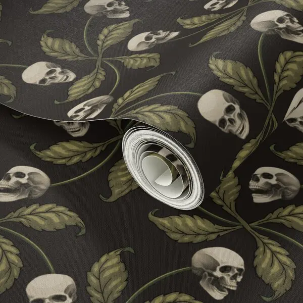 Spoonflower Punk Goth Gothic Skull Skeleton Halloween Custom Pre-pasted Wallpaper - Gray,green
