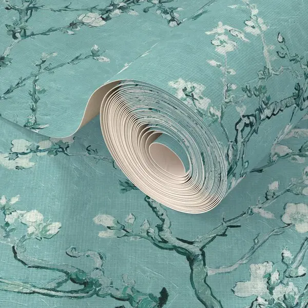 Spoonflower Vincent Van Gogh Almond Blossom Aqua Blue 100% Natural Sisal Grasscloth Wallcovering - Aqua,blue