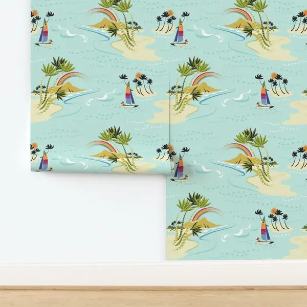 Spoonflower Diamond Head Hawaii Beach Sailing Tiki Mid Custom Pre-pasted Wallpaper