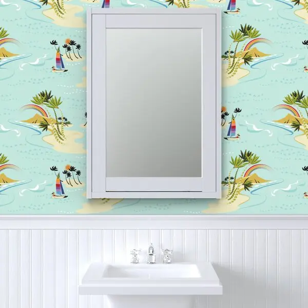 Spoonflower Diamond Head Hawaii Beach Sailing Tiki Mid Custom Pre-pasted Wallpaper