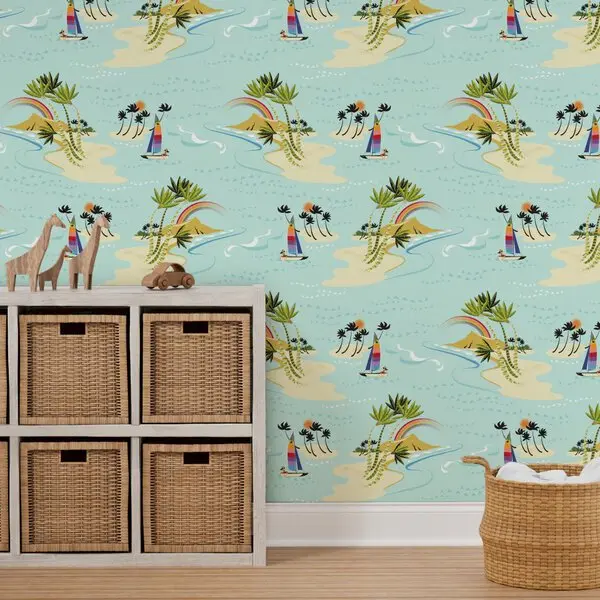 Spoonflower Diamond Head Hawaii Beach Sailing Tiki Mid Custom Pre-pasted Wallpaper