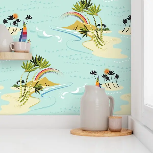 Spoonflower Diamond Head Hawaii Beach Sailing Tiki Mid Custom Pre-pasted Wallpaper