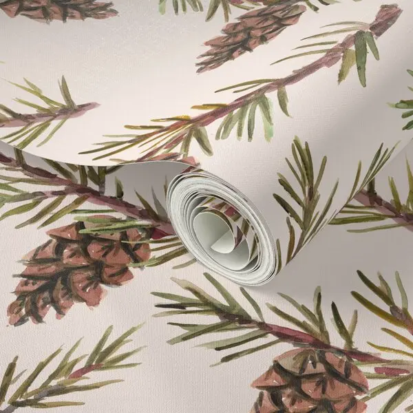 Spoonflower Cream Brown Forest Woodland Tree Holiday Custom Removable Wallpaper - Gray,brown