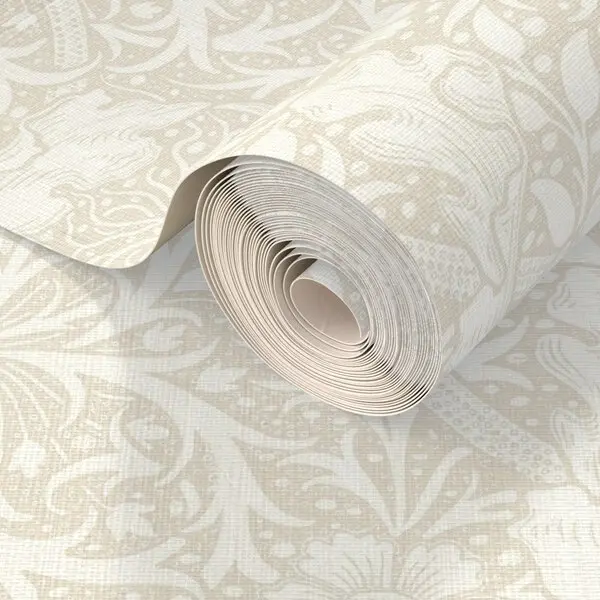 Spoonflower Seaweed Antique White Vintage Victorian Art 100% Natural Sisal Grasscloth Wallcovering - White,beige